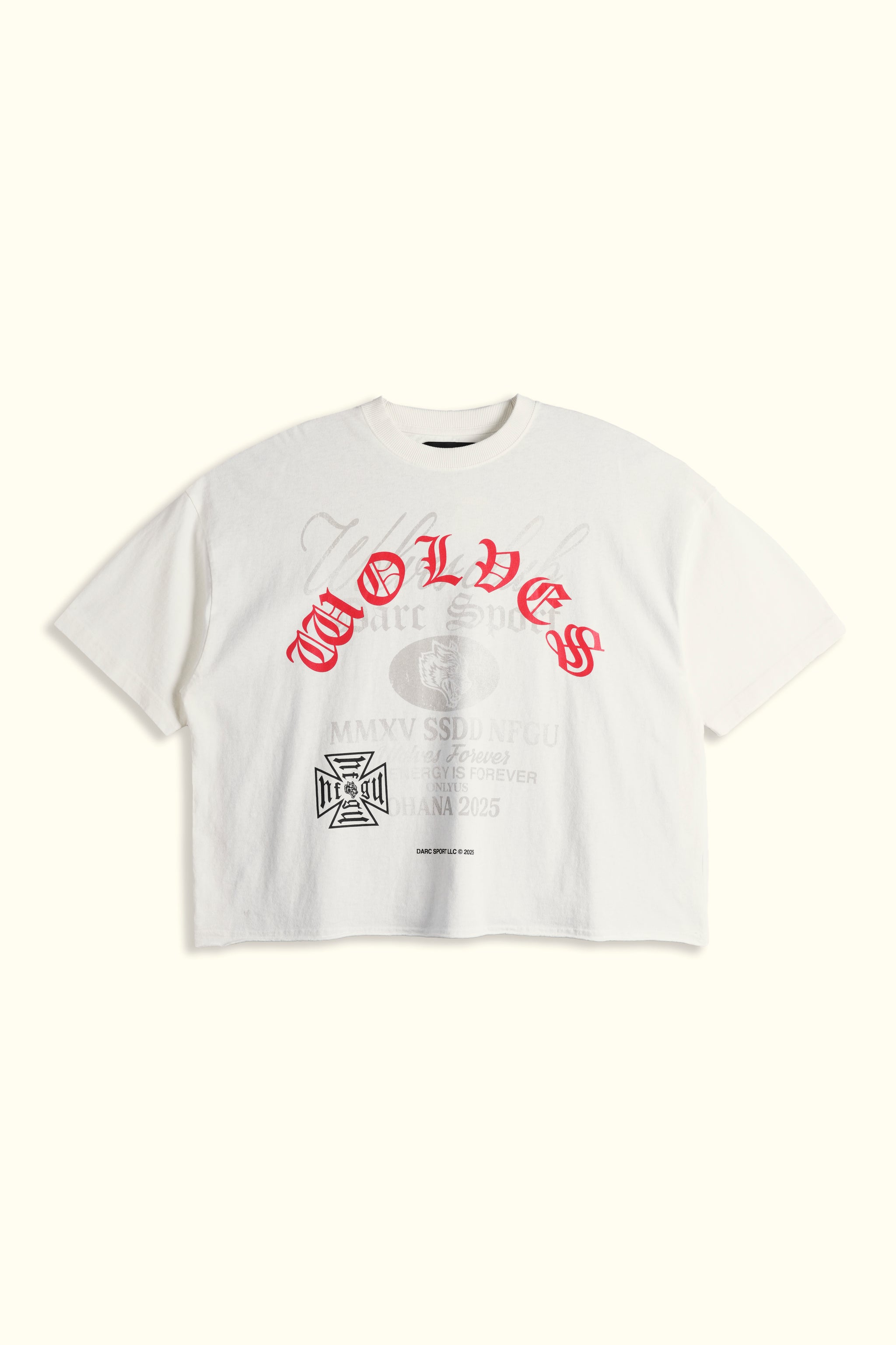 Ohana Wolves Club Grunge Raw Hem Mid Length Tee in Cream