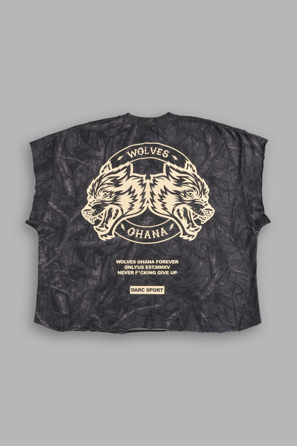 Wolves Ohana Forever "Grunge" Cut Off Tee in Darc Driftwood Forest Cam