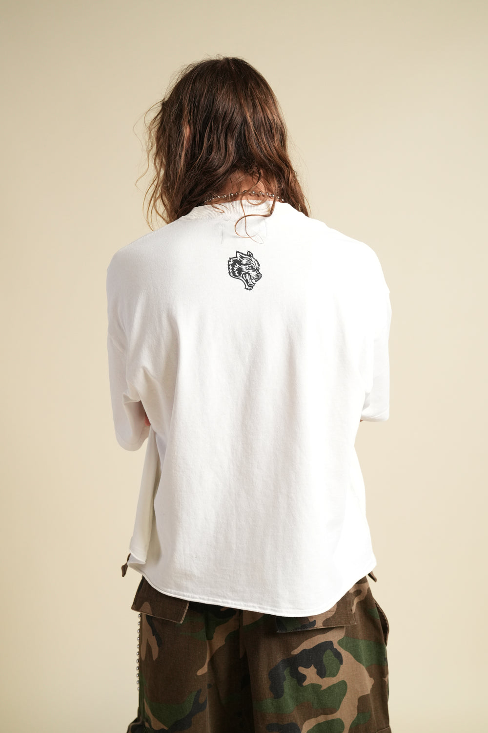 Ohana Wolves Club Grunge Raw Hem Mid Length Tee in Cream